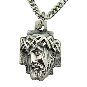 CB Silver Toned Base Crown of Thorns Head of Jesus Christ Cross Medal, 1 Inch