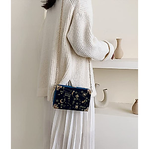 HANDAFA Elegant Velvet Clutch Handbag Star and Moon Evening Bag Chain Box Bag For Wedding Party(Teal)