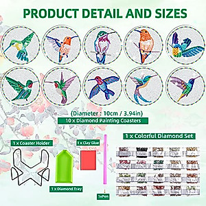 JHGCVX 10 Pcs Hummingbird Diamond Painting Coasters Kit,Diamond Art Coasters with Holder,Cute Hummingbird Diamond Painting Coasters for Adults Beginners and Kids Art Craft Supplies Gift