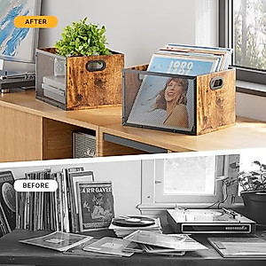 Dunatou Album Storage Box - Rustic Brown Wooden Record Crate Organizer with Handle