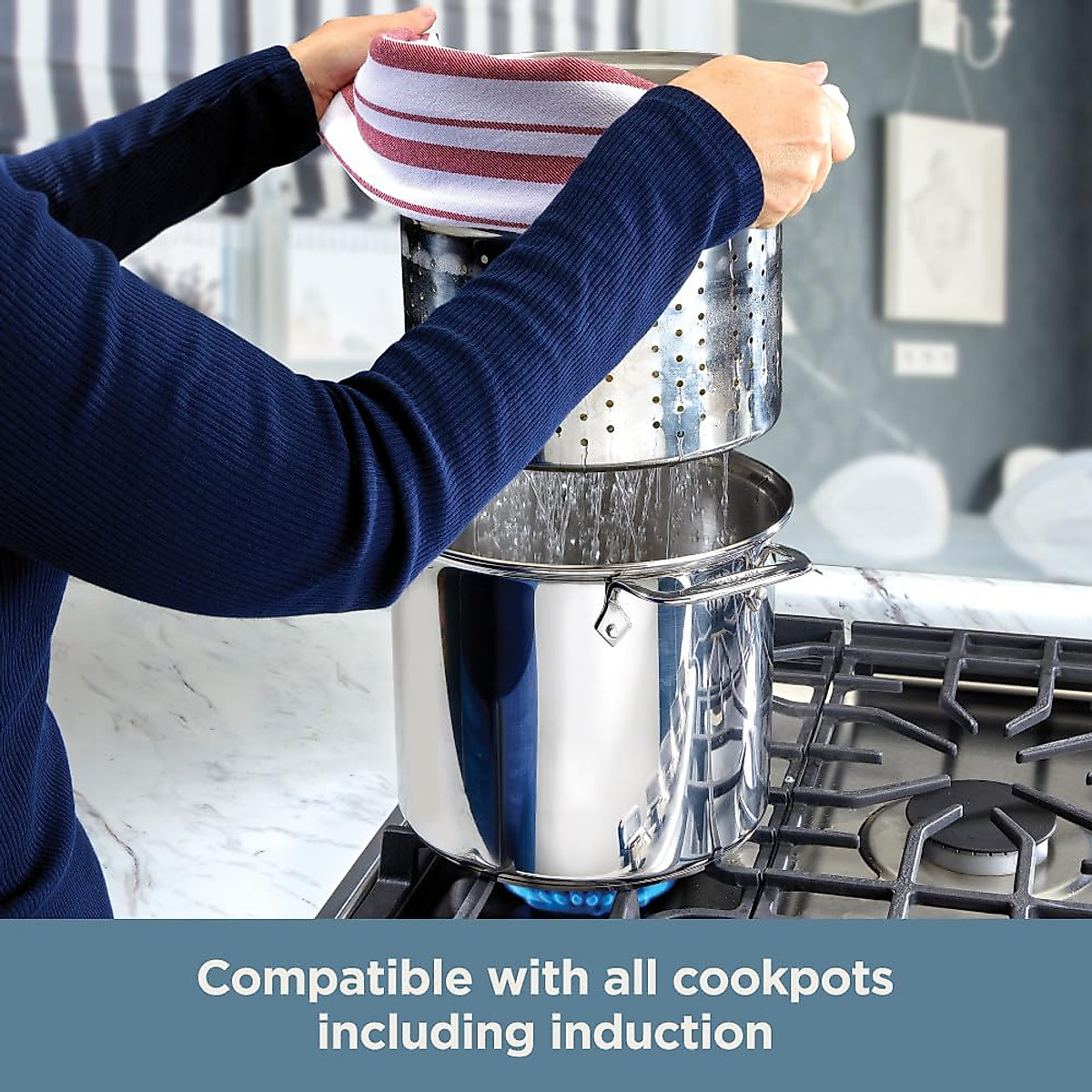 All-Clad Specialty Stainless Steel Stockpot, Multi-Pot with Strainer 8 Quart Induction Oven Broiler Safe 600F Strainer, Pasta Strainer with Handle, Pots and Pans Silver