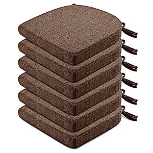 Wellsin Chair Cushions for Dining Chairs 6 Pack - Kitchen Chair Cushions with Ties and Non-Slip Backing - Dining Chair Pads 16"X16"X2", Brown