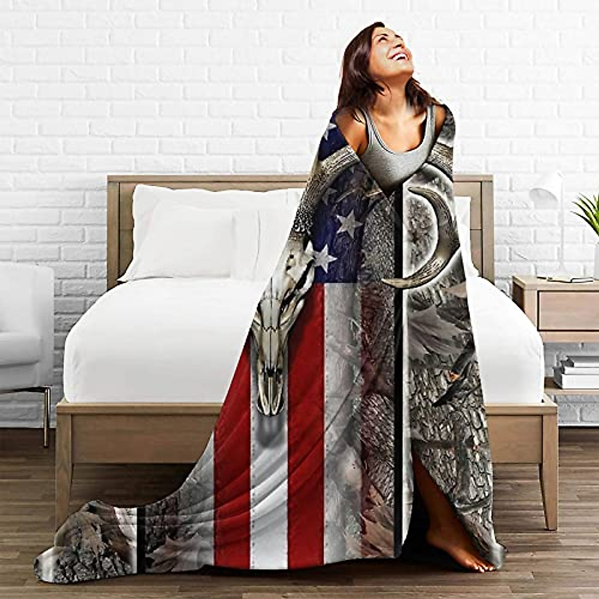 Deer Camo American Flag Throw Blanket Warm Ultra-Soft Micro Fleece Blanket for Bed Couch Living Room Decoration