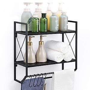 Bath Towel Shelf 2 Tier Towel Rack Wall Mount Towel Holder with Shelf Bathroom Shelves with Towel Bar and Hooks Industrial Wall Shelf Over Toilet for Towel Tissue Storage Organizer, Modern Black