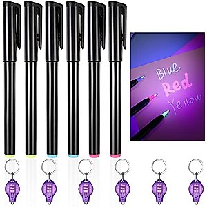 6 Pieces Light Ink Pen Invisible Ink Marker Disappearing Ink Secret Pen with 6 Pieces Mini UV LED Keychain Flashlight Marker Keychain for Secret Notes Money Identify (Black)
