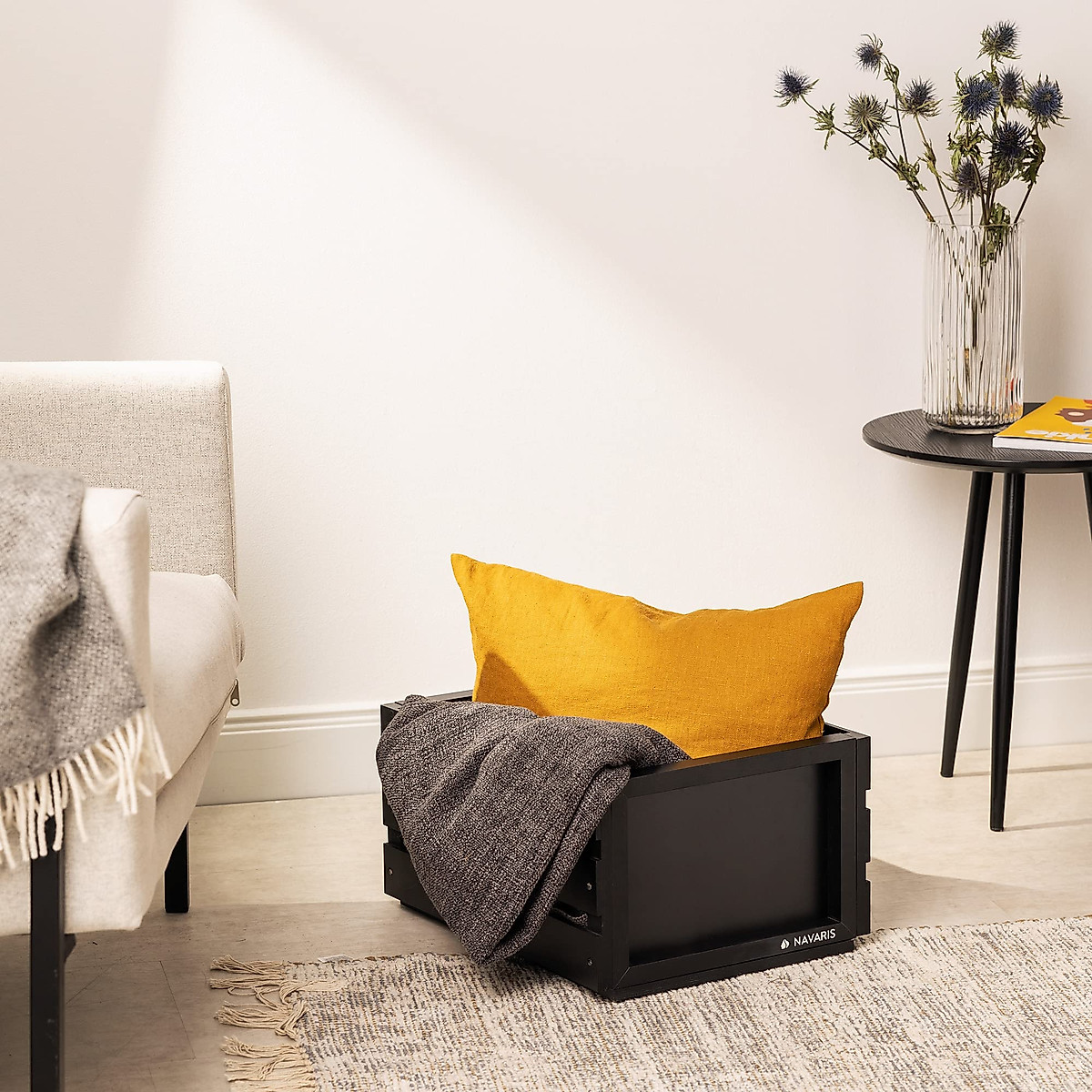 Navaris Wood Record Crate - Vinyl Album Storage Holder Box Wooden Case with Chalkboard Sign Board - Holds up to 80 LP Records - Black