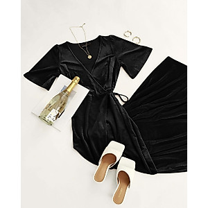 MEROKEETY Women's Short Sleeve Vintage Velvet Long Dress Sexy Boho Wedding Guest Evening Maxi Dresses, Black, Large