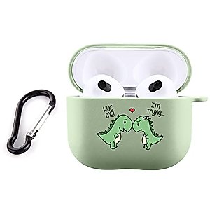 JOYLAND Dinosaur Couple Case for AirPods 3 2021 with Keychain,Funny Cartoon Case for Women Men Girls Boys,Green Smooth TPU Silicone Protective Cover Compatible with Apple AirPod 3rd Generation 2021