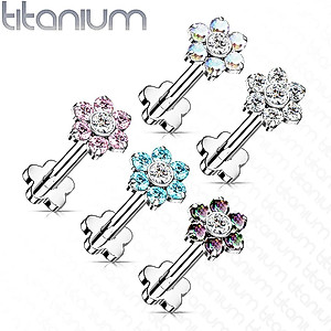 Covet Jewelry Titanium Threadless Push in Flower Base Labret With CZ Flower Top (Pink)