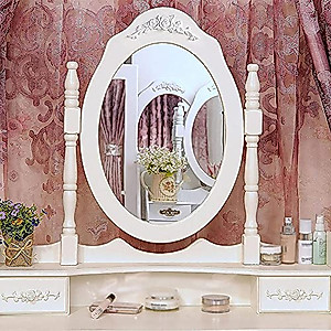 JXMS Makeup Mirror Desk Chair 3Pc Vanity Desk Set Makeup Storage Organizer Computer Desk Dresser with Cushioned Stool for Bedroom Swivel Mirror Modern Vanity 4 Drawers -White Without Lights