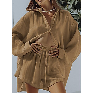 Fixmatti Two Piece Summer Sets for Women Button Down Long Sleeve Shirt with Shorts Casual Matching Set Streetwear Brown XL
