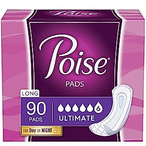 Poise Incontinence Pads for Women, Ultimate Absorbency, Long, Original Design, 90 Count (2 Packs of 45) (Packaging May Vary)