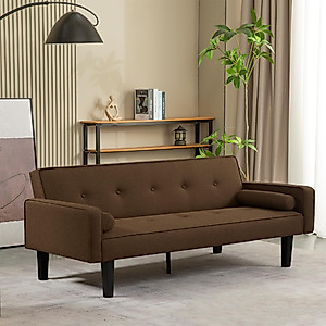 Convertible Folding Sofa Bed Futon,Mid-Century Velvet Fabric Love Seat Sofa Furniture,Upholstered Sleeper Couch with 2 Pillows&Wood Legs for Small Space Living Room Apartment Office (Brown-)
