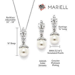 Mariell Ivory Pearl Necklace and Drop Earrings Bridal and Wedding Jewelry Set for Women, Brides, Bridesmaids or Mother of The Bride, Platinum Plating, Perfect Jewelry Gift for Women