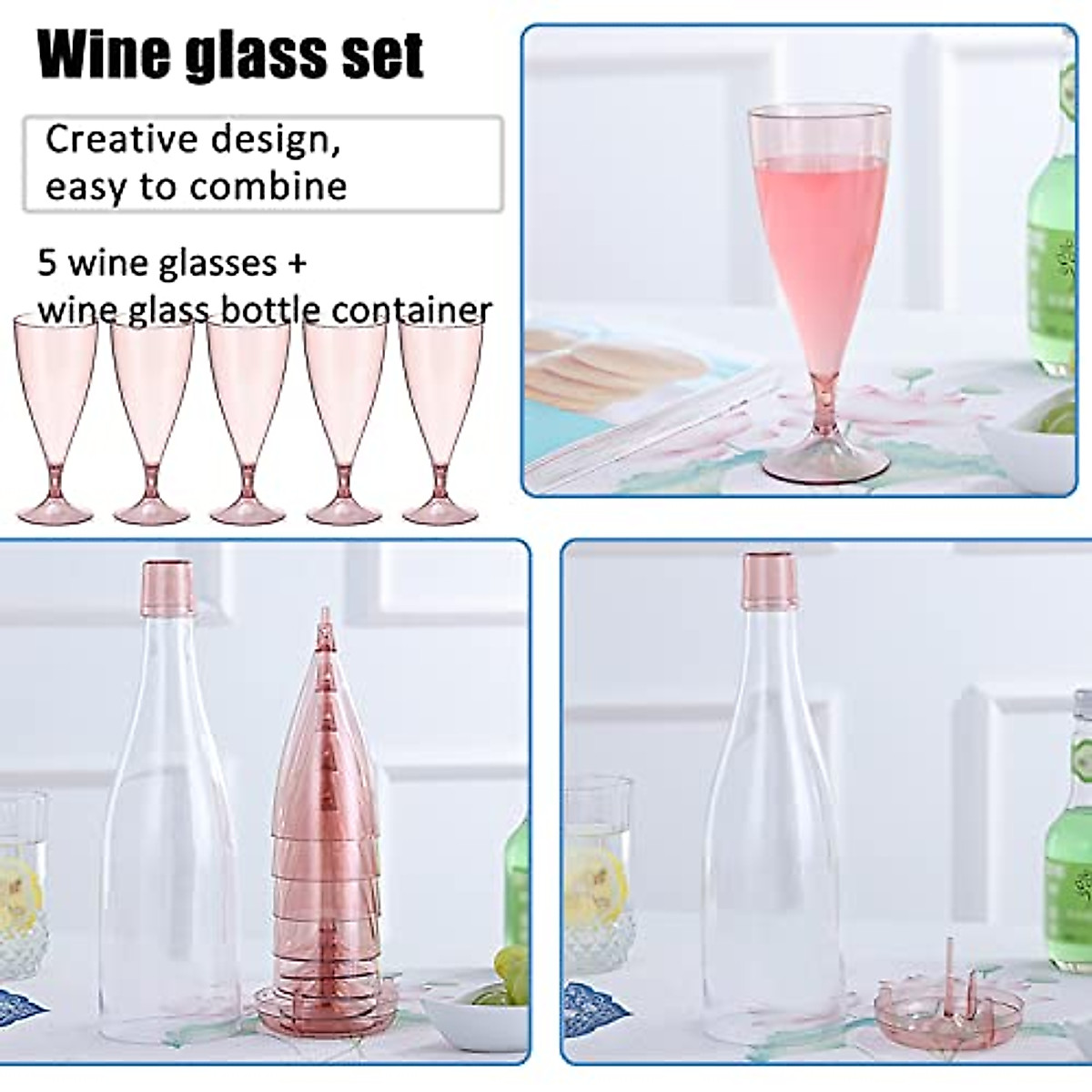 Niceshop foldable plastic champagne wine glasses set of 5, reusable, foldable wine glasses with storage bottles, easy to carry, suitable for outdoor, camping, and travel, each 6.5 ounce pink.