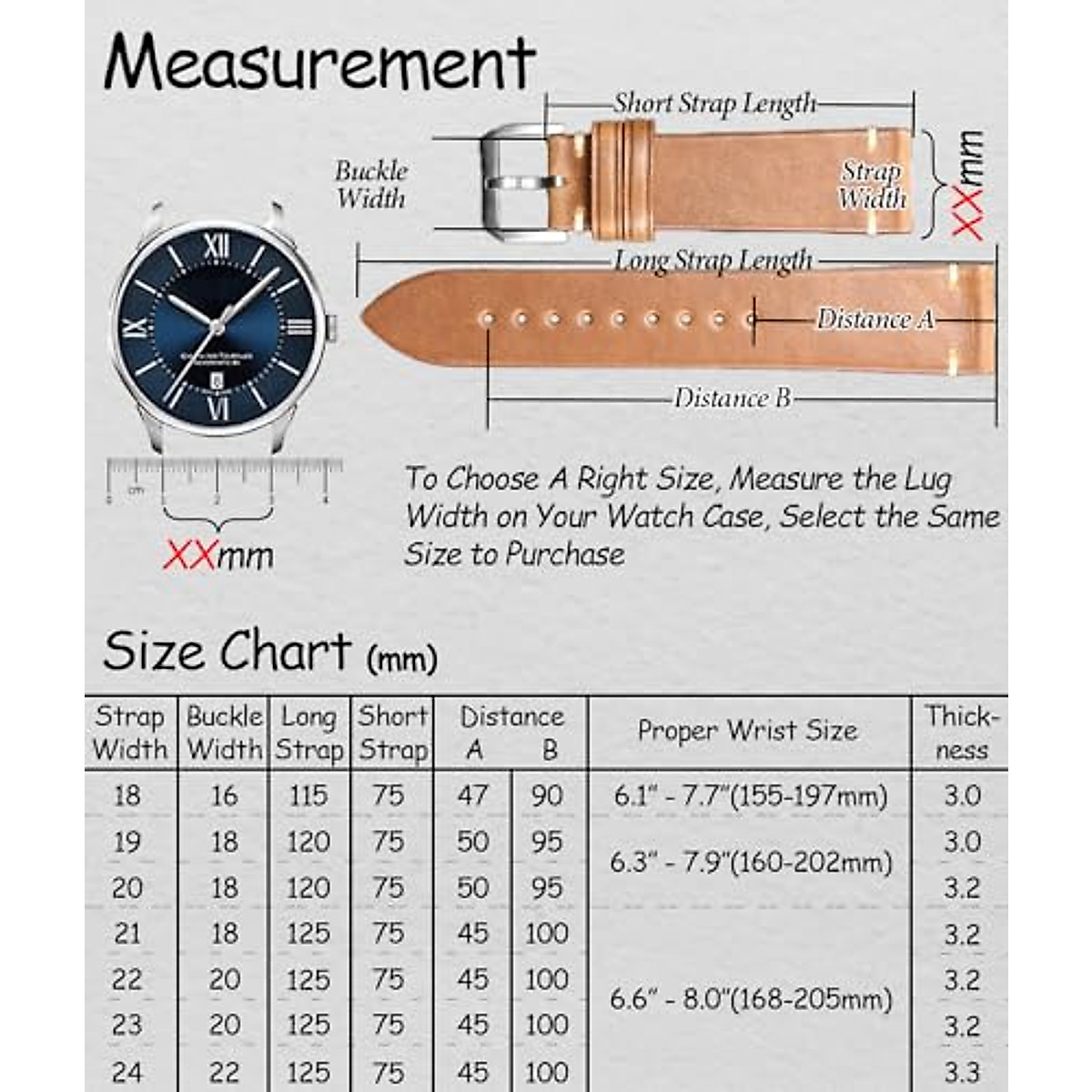 REZERO Quick Release Watch Band, Top Grain Leather Watch Straps, Italian Calfskin Watchbands Replacement 18mm 19mm 20mm 21mm 22mm 23mm 24mm for Men, Women