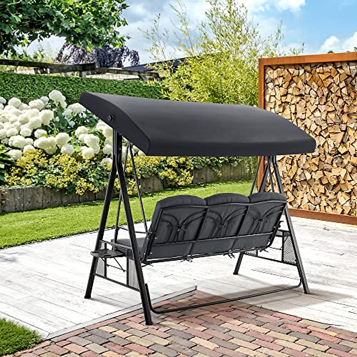 Mcombo 3 Seat Patio Swings with Canopy, Outdoor Porch Swing Chair with Stand, Adjustable Canopy Swing Sets for Backyard, Poolside, Balcony 4092 (Dark Grey)