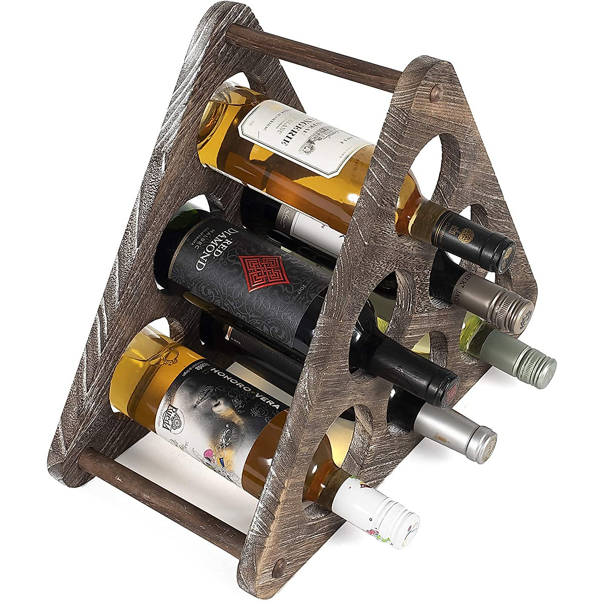Rustic State Marche Countertop Wood Wine Rack Holder for 6 Bottle Storage Tabletop Triangle Design Freestanding Organizer - Home, Kitchen, Dining Room Bar Décor - Burnt Brown