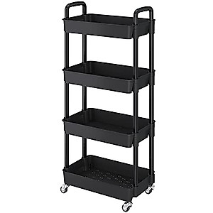 Buzowruil 4-Tier Utility Rolling Plastic Storage Cart Trolley with Lockable Wheels,Multifunctional Storage Shelves for Kitchen Living Room Office,Black