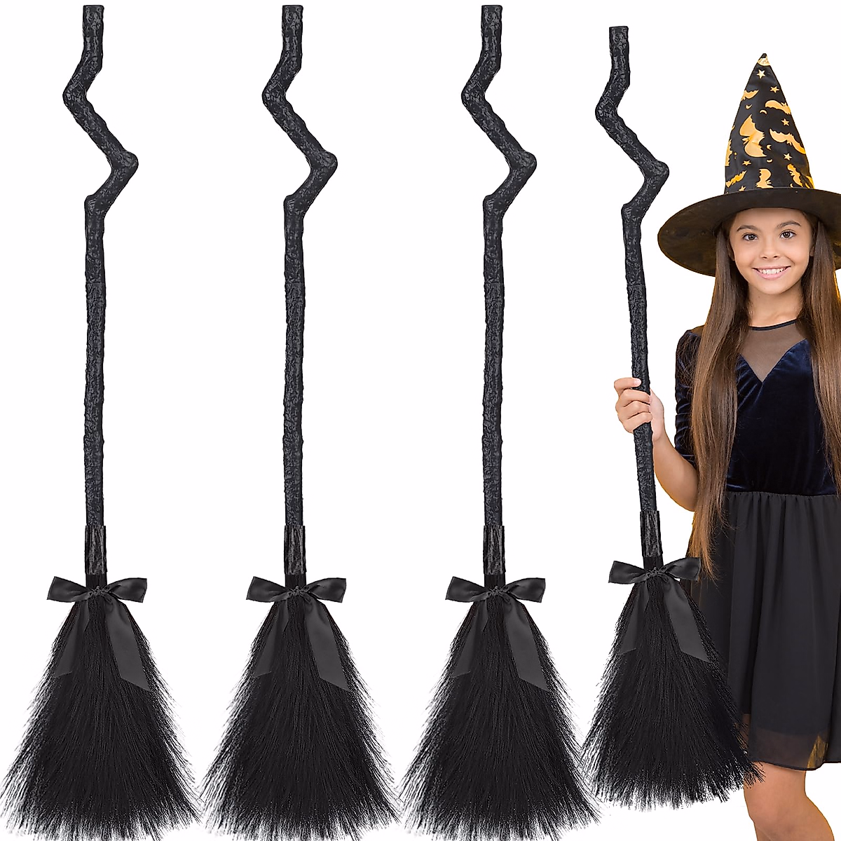 Liliful 3 Pcs Halloween Witch Broom Witch Broomstick with Ribbon Wizard Broomstick Halloween Decor for Kids and Adults, Party Cosplay Costume Accessories