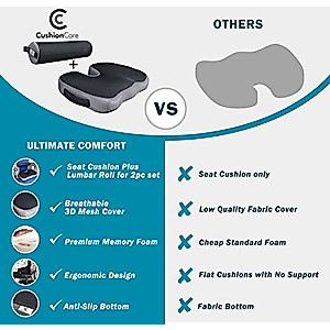 2pc Ergonomic Seat Cushion Lumbar Roll Combo for Chair - Pain and Pressure Relief for Lower Back, Sciatica, Coccyx, Butt, Tailbone - Memory Foam Posture Support Pillow for Office Desk, Car, Wheelchair