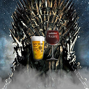 Moon of My Life My Sun and Stars Wine and Beer Glass Set for GOT Fan Couples- 12.75 oz Wine Glass & 16 oz Beer Pint Glass- Present for Mom and Dad- Inspired by GOT- Husband Wife Gift