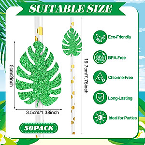 50 Pcs Disposable Straws Glitter Palm Leaves Paper Straws Hawaiian Luau Party Paper Straw Tropical Leaves Party Decor for Cocktail Soft Drinks Hawaiian Luau Party Supply