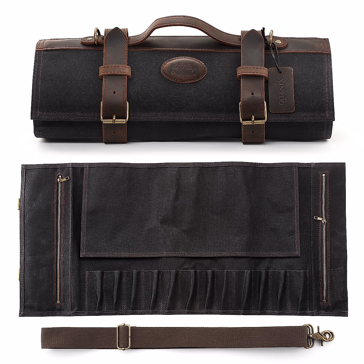 XINZUO Chef Knife Roll Bag Professional,16oz Waxed Canvas and Crazy Horse Leather,12 Slots Plus 2 Zipper Pockets,Adjustable Shoulder Strap-Travel Tool Roll Pouch(Bag Only)