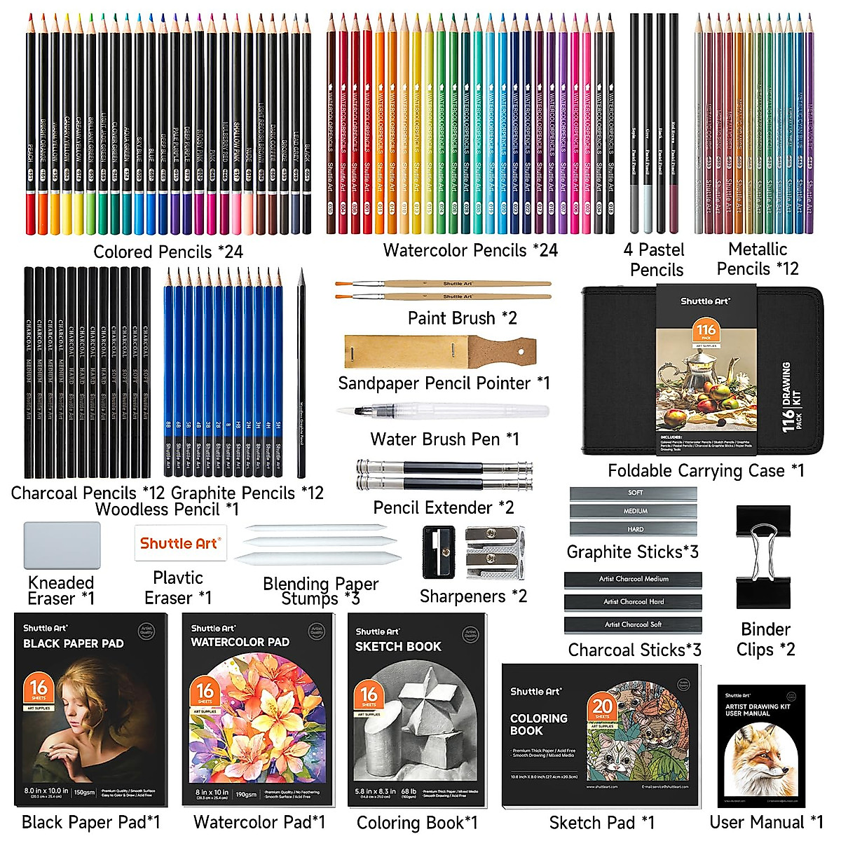 116 PCS Drawing Kit, Shuttle Art Complete Drawing Supplies with Sketch Pencils, Colored Pencils, Graphite, Charcoal Sticks, Professional Drawing Tools and Paper Pads for Artists, Beginners and Kids