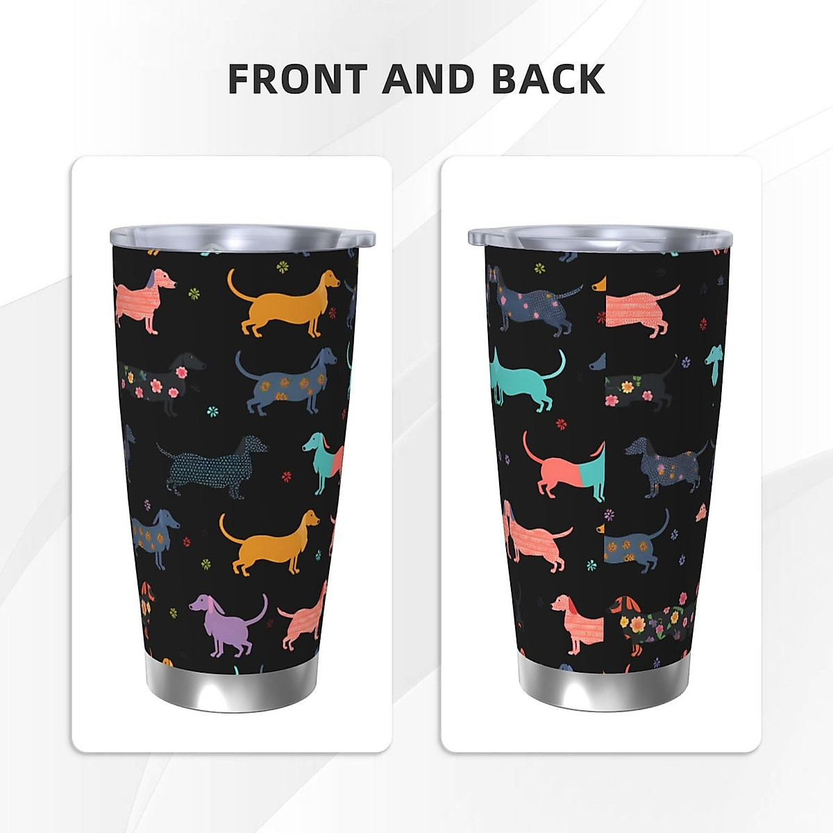 Groamaup 20oz Dachshund Puppy Dog Stainless Steel Insulated Tumbler with Lid and 3pcs Straw Sets, Black Cartoon Car Cup for Cold and Hot Drinks, Coffee Mug for Travel Office and Home Use