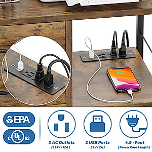 Himusi 3 Drawer Wood File Cabinet with Socket and USB Charging Ports for Home Office, Rolling Lateral Filing Cabinet with Locking Drawer for A4/Letter Size, Printer Stand with Storage, Rustic