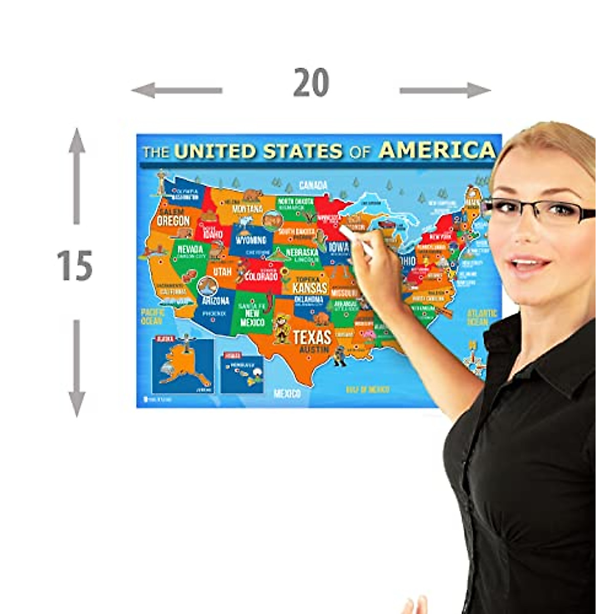 USA and World map poster 2 pack for kids Laminated large illustrated Light blue Young N Refined 15x20)