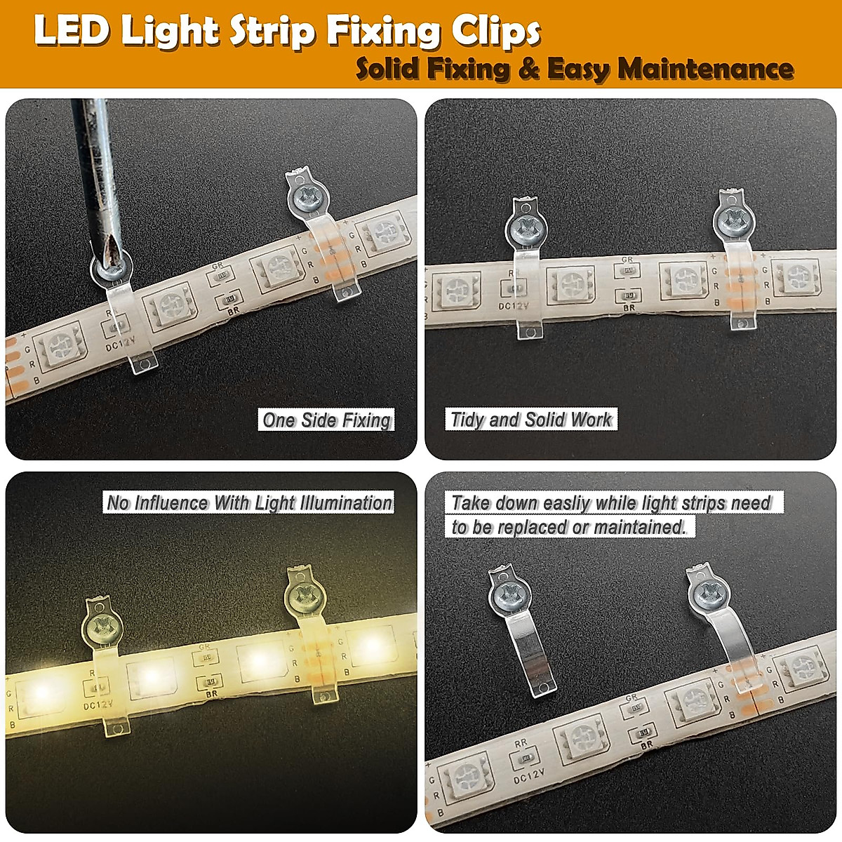 GRIVER 100 Pack Strip Light Mounting Brackets,Fixing Clips,One-Side Fixing,100 Screws Included (Ideal for 10mm Wide Waterproof Strip Lights)