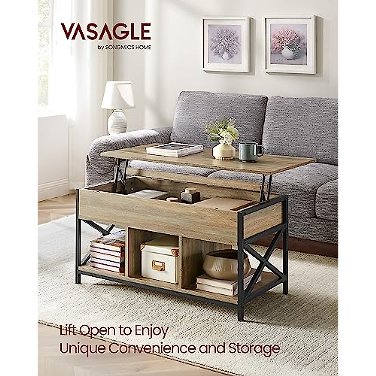 VASAGLE Lift Top Coffee Table for Living Room, Industrial Coffee Table with Hidden Compartments and Storage Shelf, Steel Frame, 19.7 x 39.4 x (19.3-24.4) Inches, Oak with Blue Grains ULCT202B60