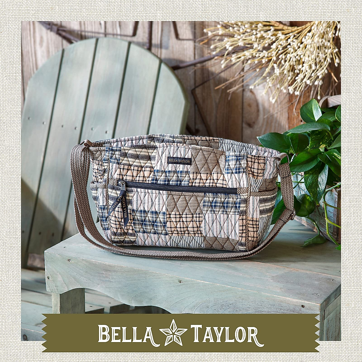 Bella Taylor Ninepatch Star Claire Quilted Cotton Country Patchwork Crossbody Shoulder Bag; Burgundy and Tan