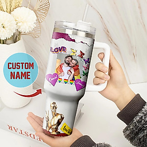 WAZONE Personalized Photo Lgbt Rainbow Insulated Tumbler Stainless Steel Tumblers with Lid 40oz Cups Custom Pictures Names Birthday Christmas Gifts For Couple on Birthday Pride Month