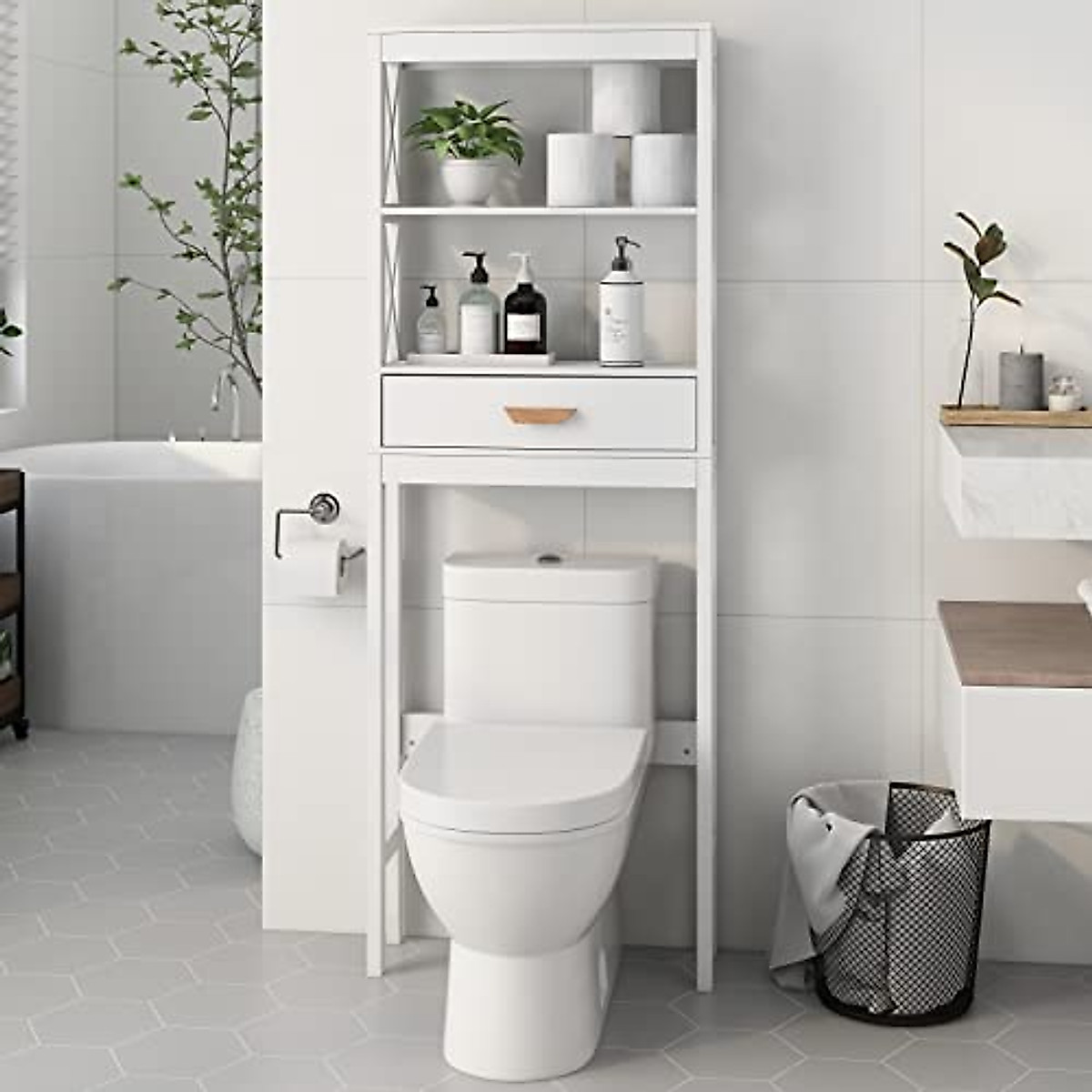 OQSC Bathroom Shelf Over The Toilet X- Frame Bathroom Organizer with 1 Drawer and Open Shelves Bathroom Space Saver(White)
