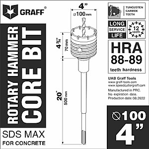 GRAFF 4 Inch SDS Max Rotary Hammer Core Bit - Core Drill Bit for Concrete, Masonry, Cement, Silicate Brick - Concrete Hole Saw with SDS Max Shank 20'' (500mm) and Center Drill