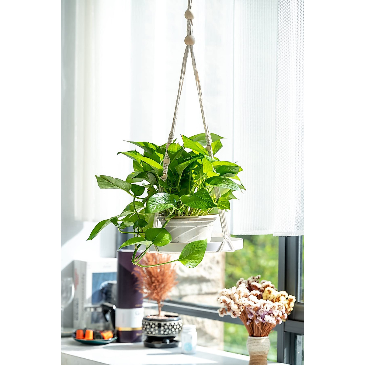UL Source Macrame Planter Hanger with Large Tray 100% Handmade Wall Hanging Plants Bracket for Indoor Plants Home Decor Gift