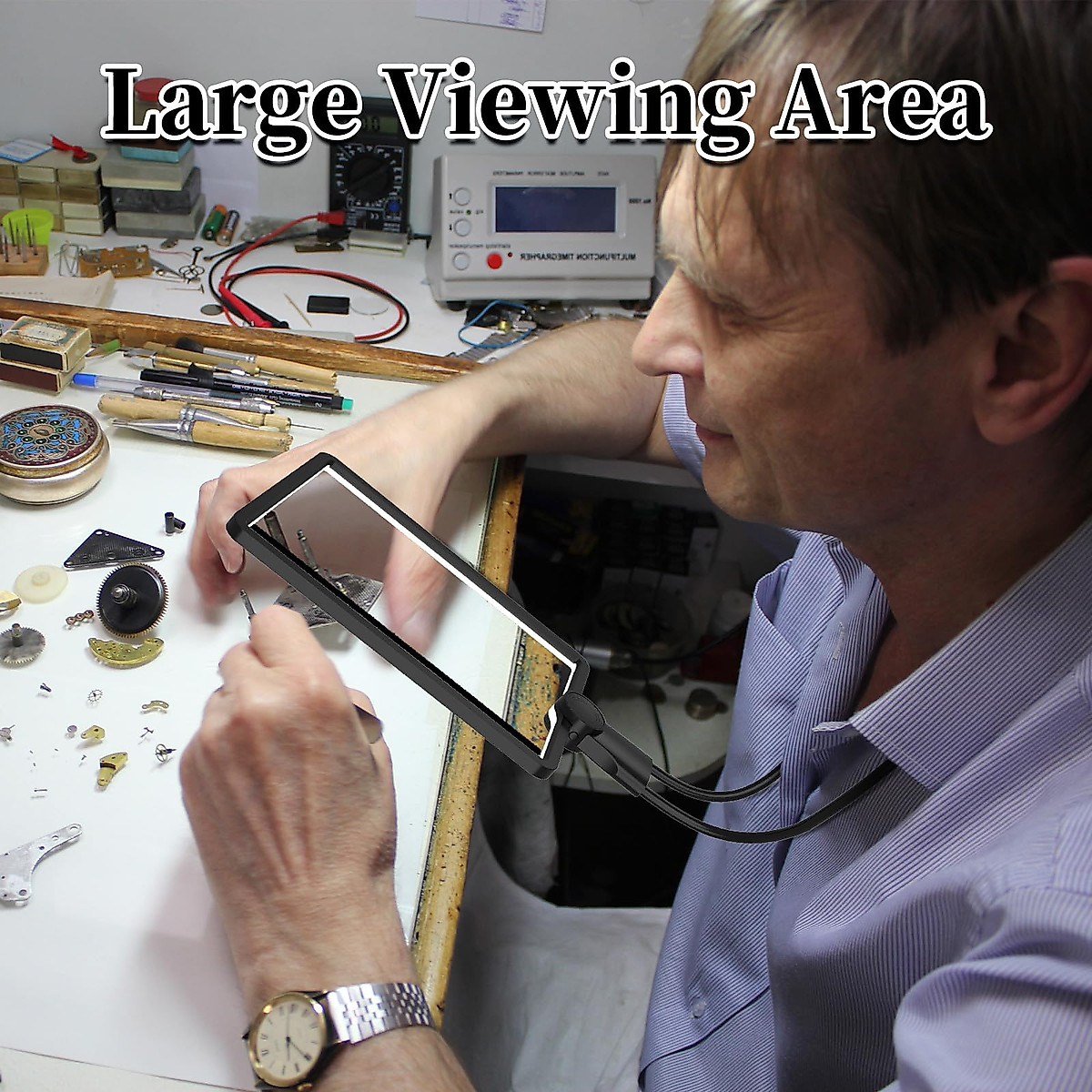 Hands Free 9.4"x6.7" Full-Page 5X Magnifying Glass for Reading, Large Lighted Magnifier with 50 LED Lights, Flexible Gooseneck Magnifier for Neck Wear Repair Sewing Low Vision Elderly