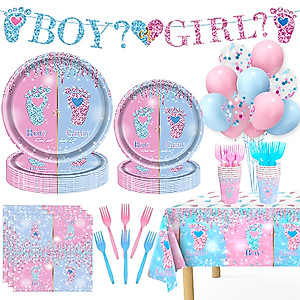Gender Reveal Decorations, 146Pcs Gender Reveal Plates-Serve 24, Boy or Girl Party Tableware Set with Disposable Paper Plates Napkins Cups Tablecloth for Gender Reveal Party Supplies