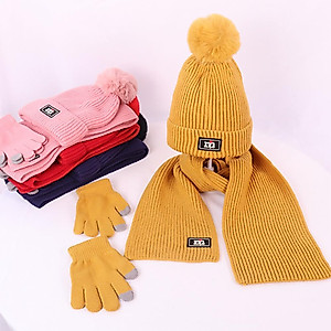 Kids Winter Beanie Hat Scarf Gloves Set, Winter Knit Warm Soft Pom-Pom Beanie Hat for Boys and Girls Outdoor Warm Beige