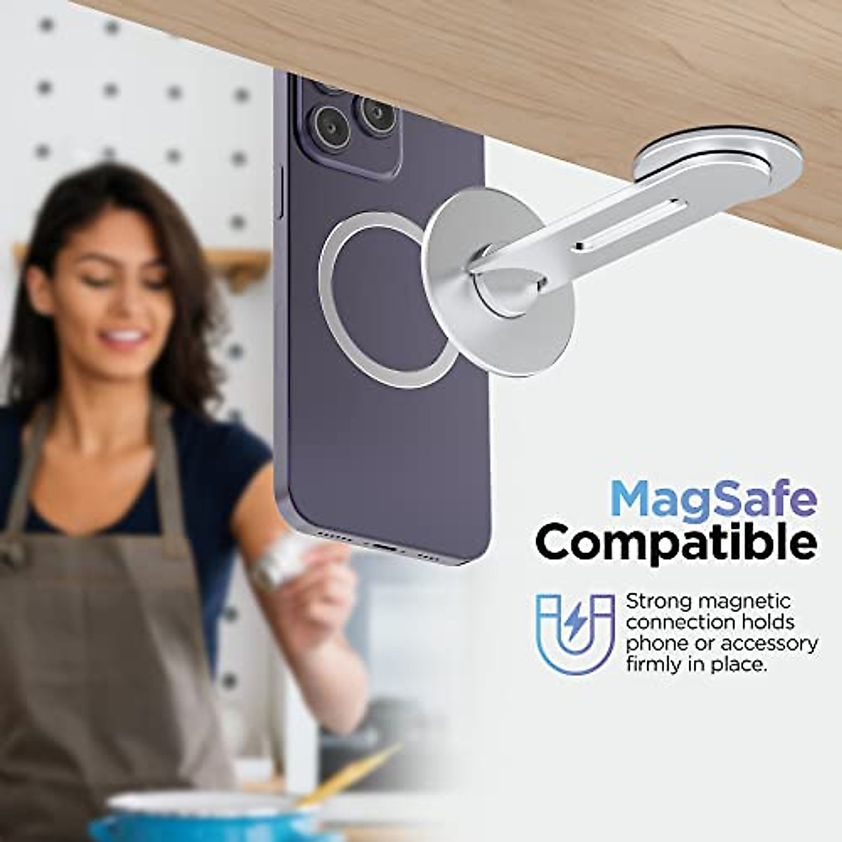 GALVANOX Magnetic Phone Holder, Fold-Away Swivel Stand Compatible with MagSafe for iPhone 12, 13, 14, 15 Pro Max | Bedroom Nightstand, Desk, Kitchen and More (Low Profile Sidemount/Under-Mount)