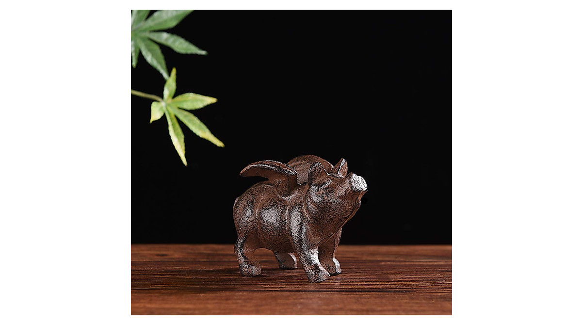 BRASSTAR Cast Iron Flying Pig Statue for Home Garden Decor