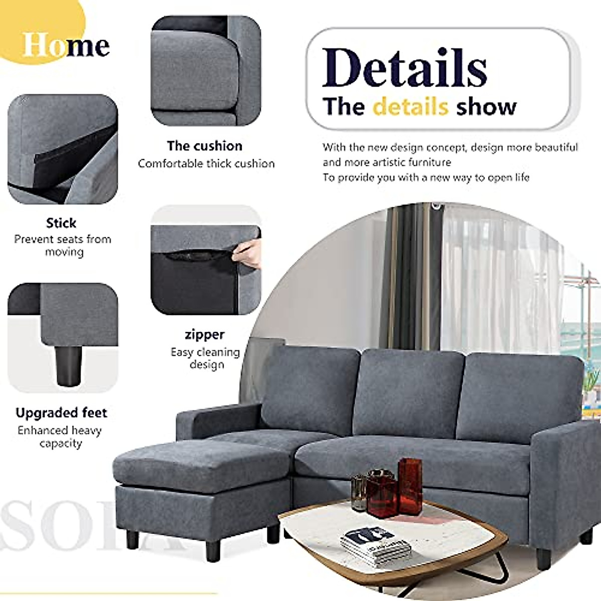 Sectional Sofa Couch, L-Shaped Convertible Couches for Living Room Furniture Sets 3 Piece Small Sofa, Modular Sectional Couch with Cloud Chaise for Living Room/Small Space(Bluish Grey)