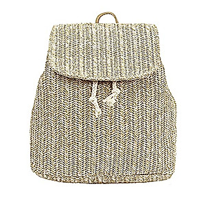 Felice Ann Women Medium Straw Woven Backpack Flap Drawstring Daypack