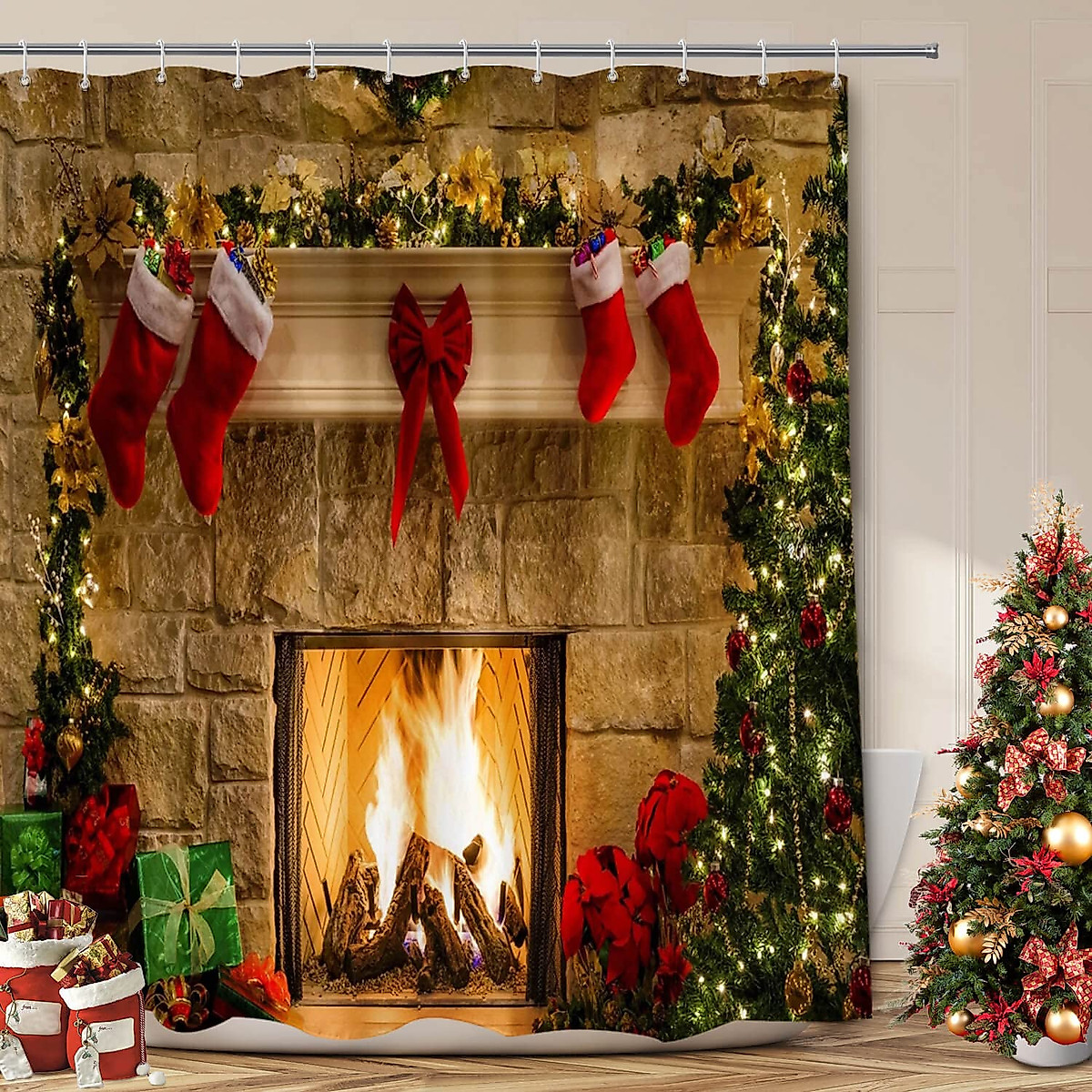 BROSHAN Fabric Christmas Shower Curtain, Red Christmas Shower Curtains for Bathroom, Winter Holiday Bathroom Decor, Xmas Tree Fireplace Pattern