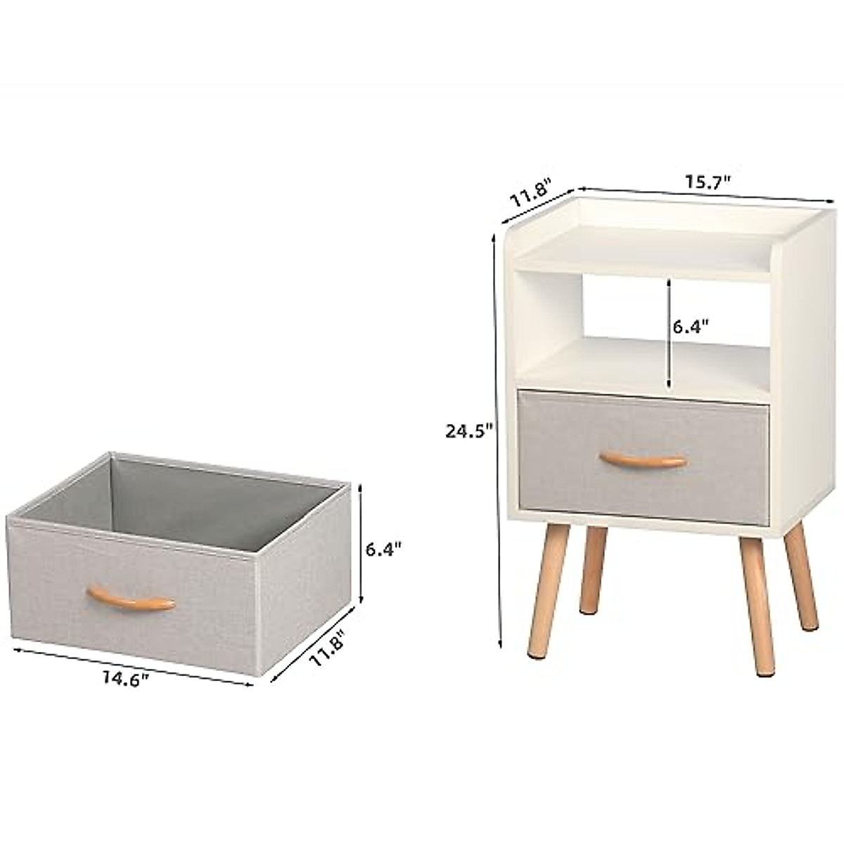 PIKPUK White Nightstand, Modern Bedside Tables with Fabric Drawer, Wooden End Table for Small Space, Narrow Side Table with Open Storage Shelf for Bedroom/Living Room/Dorm.
