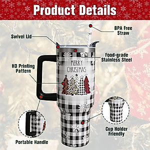 40 oz Christmas Tumblers with Handle and Straw, Christmas Tree Buffalo 40oz Stainless Steel Vacuum Insulated Travel Coffee Mug Cup Water Bottle, Christmas Decor Stuff Accessories Gifts for Women