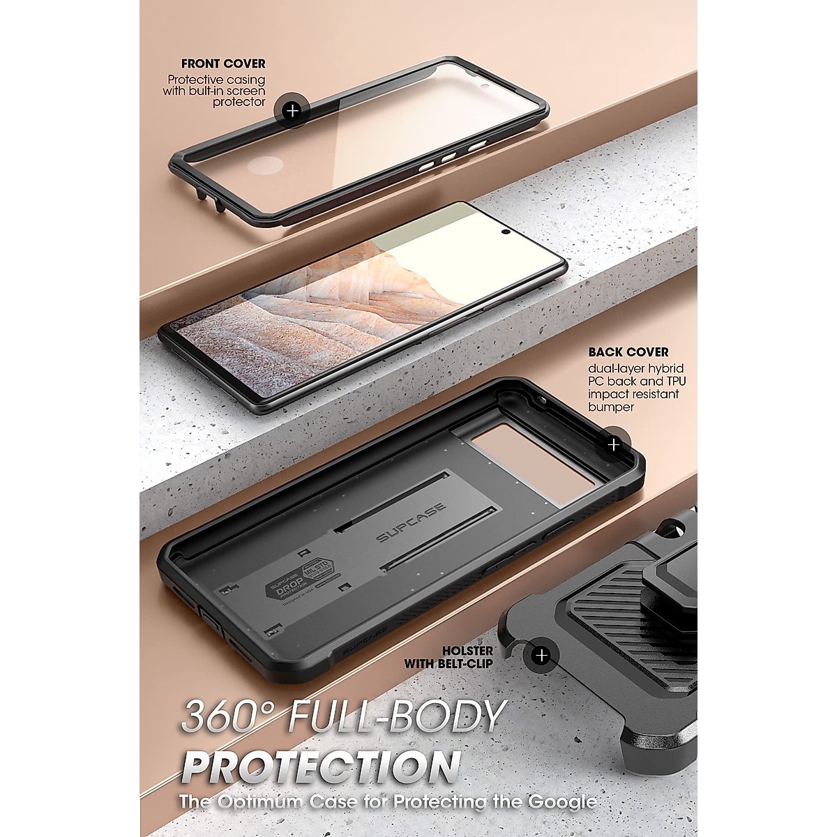 SUPCASE Unicorn Beetle Pro Series Case for Google Pixel 6 (2021 Release), Full-Body Rugged Belt-Clip & Kickstand Case with Built-in Screen Protector (Black)